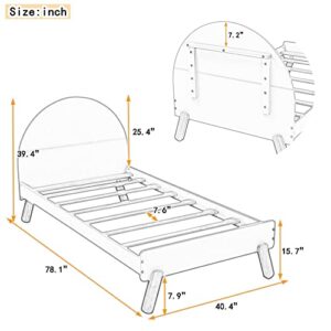 OPTOUGH Twin Size Wooden Cute Platform Bed with Curved Headboard,Bed Frame with Slat Supports and Shelf Behind Headboard for Kids Boys Girls,White