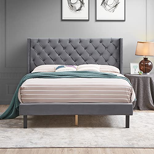 Livavege Upholstered Bed Frame Queen Size with Wingback Headboard, Square Stitched Button Tufted, Platform Bed Queen with Solid Wood Slats Support, Modern Bedframe No Box Spring Needed