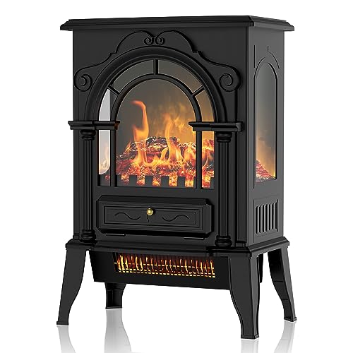 Electric Fireplace Stove with Realistic Flame Effects, 16" Infrared Fireplace Heater Freestanding, Adjustable Brightness and Thermostat, Overheating Safe Design, 1000W/1500W