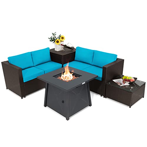 Toolsempire 5 Pieces Wicker Patio Furniture Set, Rattan Sectional Furniture Patio Set with 30" Fire Table, Storage Box & Tempered Glass Tabletop, Fire Pit Table Set for Garden, Backyard(Turquoise)