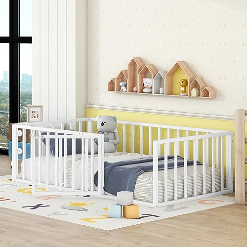 NCKMYB Kids Floor Bed Twin Size, Metal Montessori Bed with Rails and Door, Low Toddler Bed for Boy Girl, White