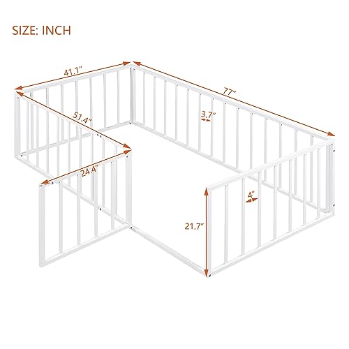 NCKMYB Kids Floor Bed Twin Size, Metal Montessori Bed with Rails and Door, Low Toddler Bed for Boy Girl, White