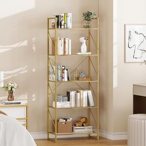 yitahome acrylic gold bookshelf, 5 tiers modern open bookcase, display shelf storage rack for bedroom, living room, kitchen, home office, gold&acrylic