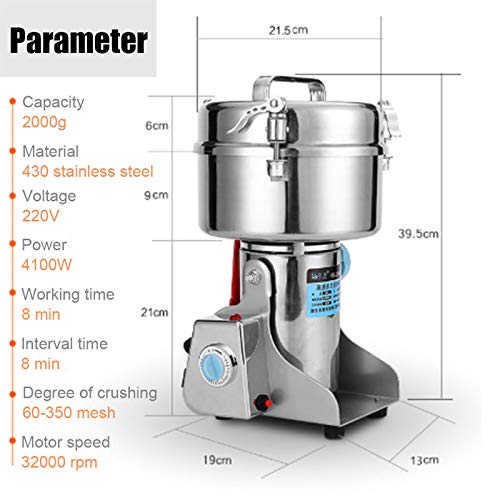 Electric Grain Grinder, High Speed Timing Grinder Powder Machine for Herb Coffee Spices, Multifunction Cereals Grinder Mill with Overload Protection, Home/Commerci