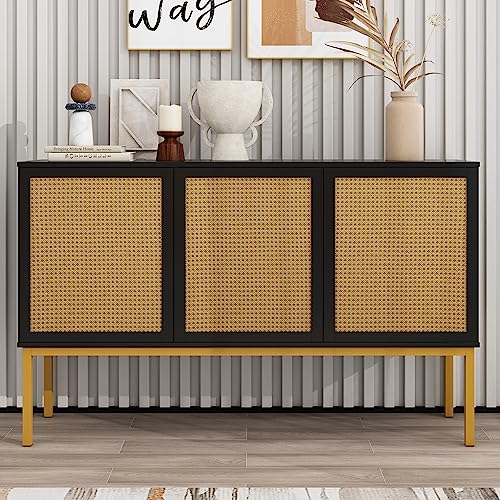 Prohon Large Space 53.9" Accent 3 PE Rattan Decor Doors, Adjustable Shelves & Rebound Device, Sideboard Buffet Cabinet Storage and Solid Wood Feet for Kitchen, Living Room, Entryway, Black