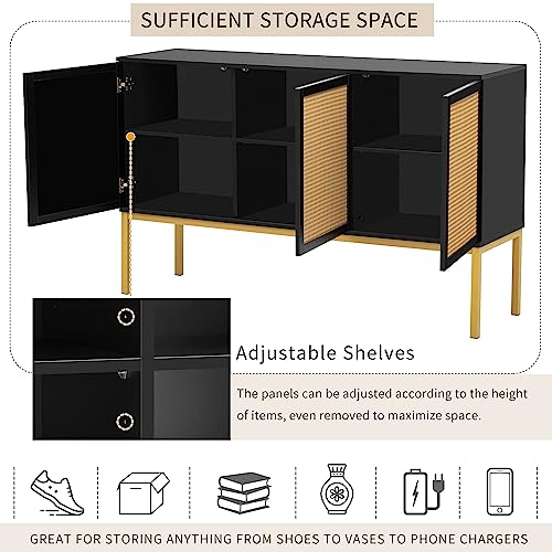 Prohon Large Space 53.9" Accent 3 PE Rattan Decor Doors, Adjustable Shelves & Rebound Device, Sideboard Buffet Cabinet Storage and Solid Wood Feet for Kitchen, Living Room, Entryway, Black