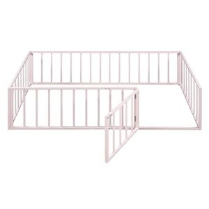 DNYN Full Size Metal Floor Bed Frame with Door for Kids Bedroom,Metal Struture Bedframe w/Fence,No Box Spring Needed,77" x 56.1"x 21.7"H, Pink