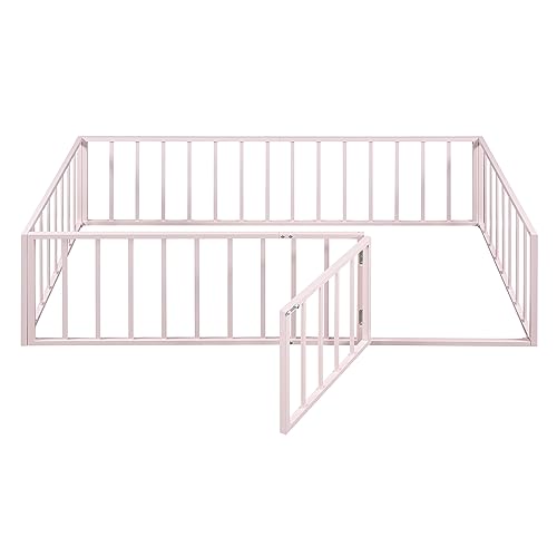 DNYN Full Size Metal Floor Bed Frame with Door for Kids Bedroom,Metal Struture Bedframe w/Fence,No Box Spring Needed,77" x 56.1"x 21.7"H, Pink