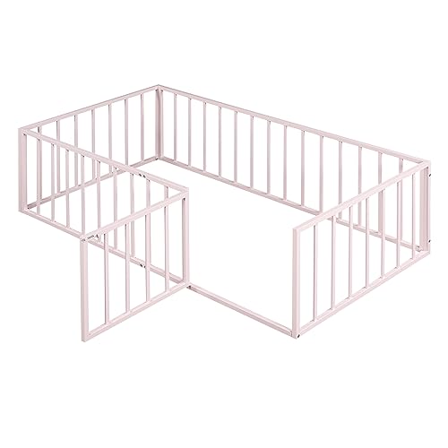 DNYN Full Size Metal Floor Bed Frame with Door for Kids Bedroom,Metal Struture Bedframe w/Fence,No Box Spring Needed,77" x 56.1"x 21.7"H, Pink