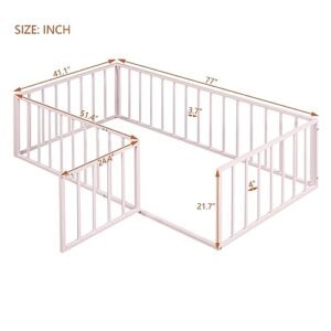 DNYN Full Size Metal Floor Bed Frame with Door for Kids Bedroom,Metal Struture Bedframe w/Fence,No Box Spring Needed,77" x 56.1"x 21.7"H, Pink