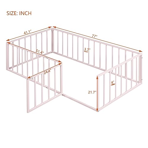 DNYN Full Size Metal Floor Bed Frame with Door for Kids Bedroom,Metal Struture Bedframe w/Fence,No Box Spring Needed,77" x 56.1"x 21.7"H, Pink