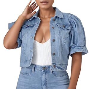 gerichy womens tops, denim shirt women short, fall clothes for women 2023 trendy, women's oversized denim jacket puff sleeve button down trendy new jean jacket