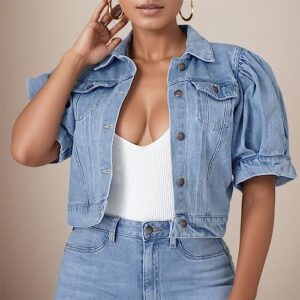 Gerichy Womens Tops, Denim Shirt Women Short, Fall Clothes for Women 2023 Trendy, Women's Oversized Denim Jacket Puff Sleeve Button Down Trendy New Jean Jacket