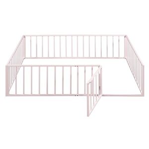 DNYN Queen Size Metal Floor Bed Frame with Door for Kids Bedroom,Metal Struture Bedframe w/Fence,No Box Spring Needed,82.5"x 62"x 21.7"H, Pink