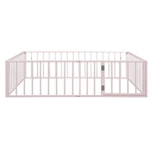 DNYN Queen Size Metal Floor Bed Frame with Door for Kids Bedroom,Metal Struture Bedframe w/Fence,No Box Spring Needed,82.5"x 62"x 21.7"H, Pink