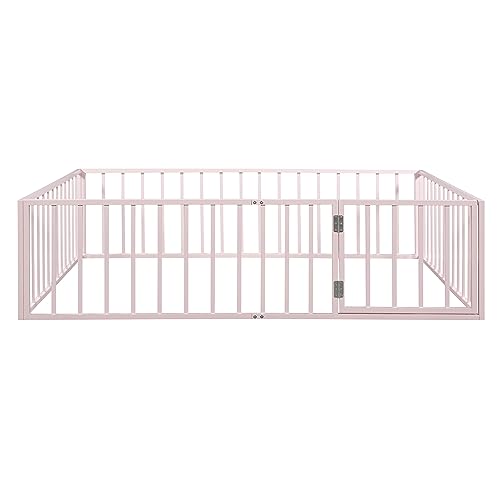 DNYN Queen Size Metal Floor Bed Frame with Door for Kids Bedroom,Metal Struture Bedframe w/Fence,No Box Spring Needed,82.5"x 62"x 21.7"H, Pink