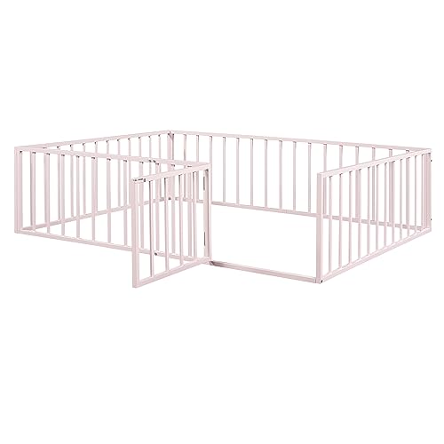 DNYN Queen Size Metal Floor Bed Frame with Door for Kids Bedroom,Metal Struture Bedframe w/Fence,No Box Spring Needed,82.5"x 62"x 21.7"H, Pink