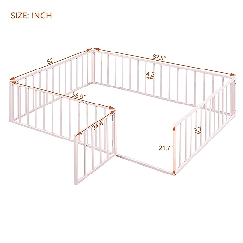 DNYN Queen Size Metal Floor Bed Frame with Door for Kids Bedroom,Metal Struture Bedframe w/Fence,No Box Spring Needed,82.5"x 62"x 21.7"H, Pink