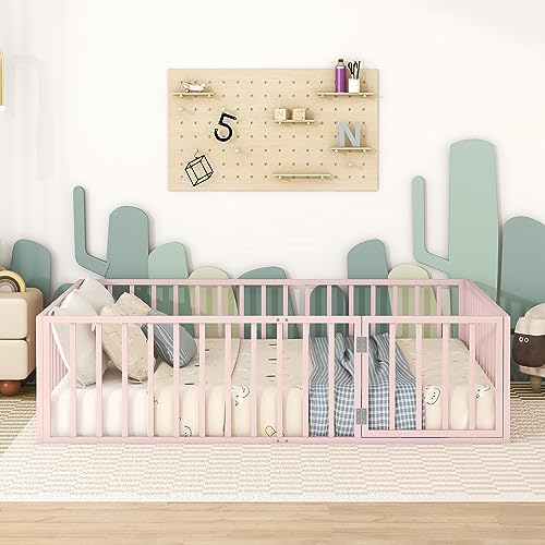 DNYN Queen Size Metal Floor Bed Frame with Door for Kids Bedroom,Metal Struture Bedframe w/Fence,No Box Spring Needed,82.5"x 62"x 21.7"H, Pink