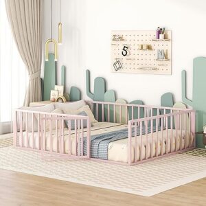 DNYN Queen Size Metal Floor Bed Frame with Door for Kids Bedroom,Metal Struture Bedframe w/Fence,No Box Spring Needed,82.5"x 62"x 21.7"H, Pink