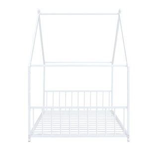 DNYN Twin Size Metal House Bed with Roof Design for Kids Bedroom,Sturdy Steel Bedframe,No Box Spring Needed, White