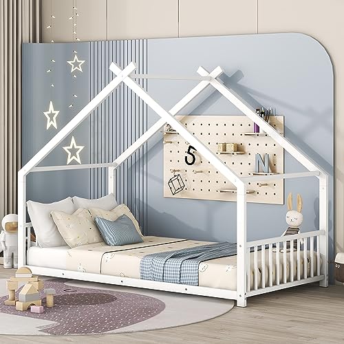 DNYN Twin Size Metal House Bed with Roof Design for Kids Bedroom,Sturdy Steel Bedframe,No Box Spring Needed, White