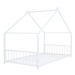 DNYN Twin Size Metal House Bed with Roof Design for Kids Bedroom,Sturdy Steel Bedframe,No Box Spring Needed, White