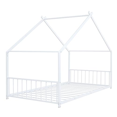 DNYN Twin Size Metal House Bed with Roof Design for Kids Bedroom,Sturdy Steel Bedframe,No Box Spring Needed, White