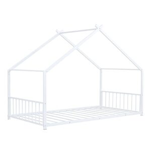 DNYN Twin Size Metal House Bed with Roof Design for Kids Bedroom,Sturdy Steel Bedframe,No Box Spring Needed, White