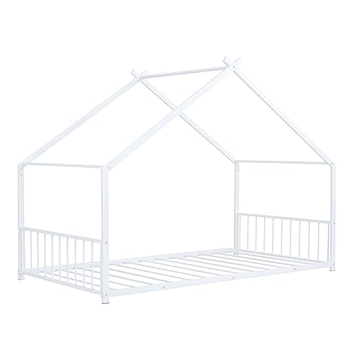 DNYN Twin Size Metal House Bed with Roof Design for Kids Bedroom,Sturdy Steel Bedframe,No Box Spring Needed, White