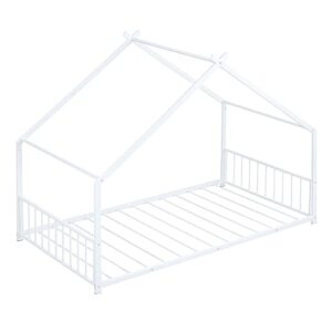 DNYN Twin Size Metal House Bed with Roof Design for Kids Bedroom,Sturdy Steel Bedframe,No Box Spring Needed, White