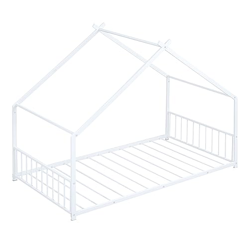 DNYN Twin Size Metal House Bed with Roof Design for Kids Bedroom,Sturdy Steel Bedframe,No Box Spring Needed, White