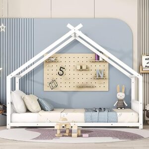 DNYN Twin Size Metal House Bed with Roof Design for Kids Bedroom,Sturdy Steel Bedframe,No Box Spring Needed, White