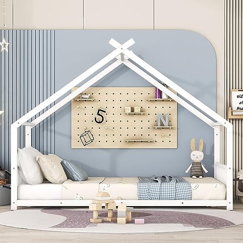 DNYN Twin Size Metal House Bed with Roof Design for Kids Bedroom,Sturdy Steel Bedframe,No Box Spring Needed, White