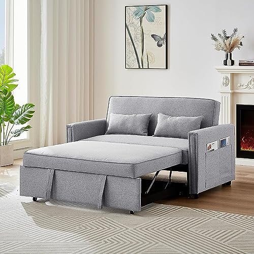 3-in-1 Convertible Upholstered Loveseat Sofa Couch with Pull-Out Sleeper Bed,2-Seat Futon Lounge Recliner Sofá Chair with Adjustable Reclining Backrests,Lumbar Pillows and Side Pockets for Living Room