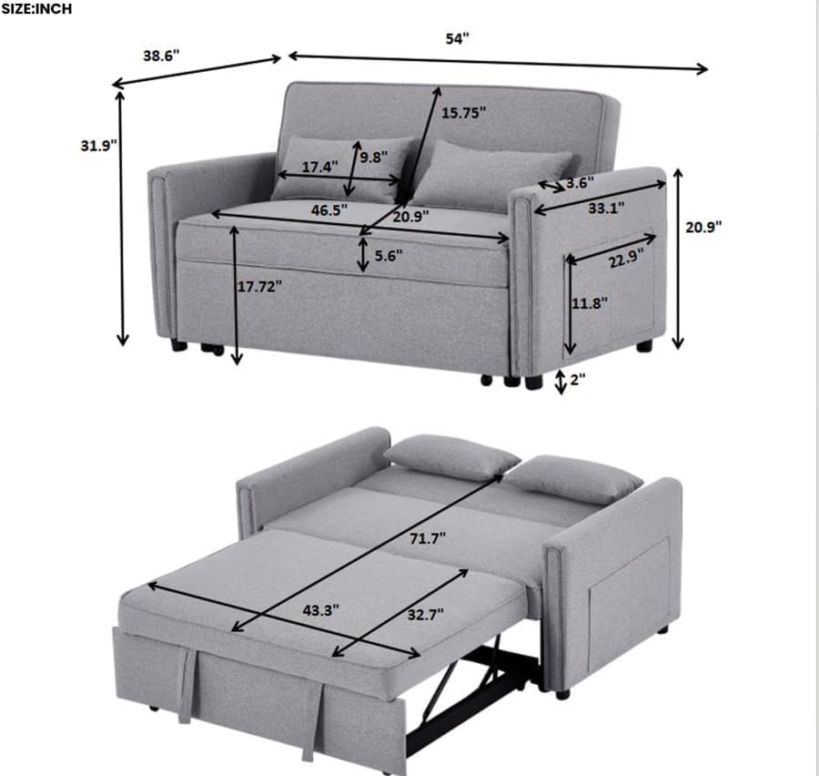 3-in-1 Convertible Upholstered Loveseat Sofa Couch with Pull-Out Sleeper Bed,2-Seat Futon Lounge Recliner Sofá Chair with Adjustable Reclining Backrests,Lumbar Pillows and Side Pockets for Living Room