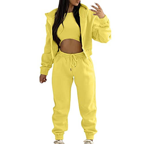 sumensumen Women Hoodies Tracksuit Long Sleeve Sweatshirts Jogger Pant,Pullover Tracksuit Set-Autumn Winter Packwork Sweatshirt Top Pants Sets Yellow,Large