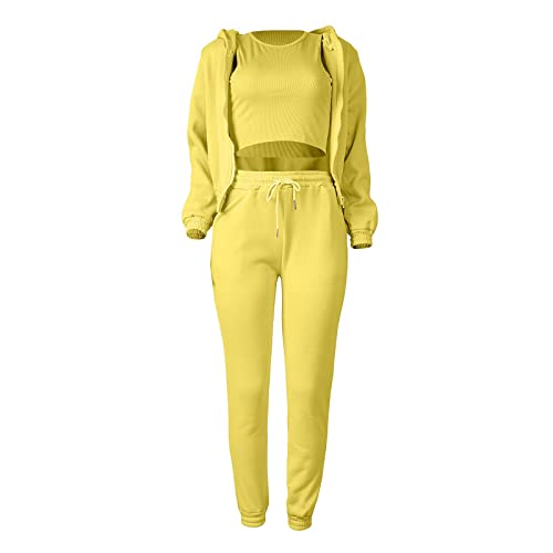 sumensumen Women Hoodies Tracksuit Long Sleeve Sweatshirts Jogger Pant,Pullover Tracksuit Set-Autumn Winter Packwork Sweatshirt Top Pants Sets Yellow,Large