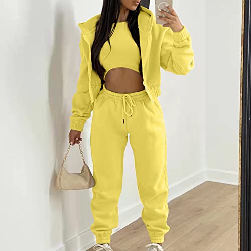 sumensumen Women Hoodies Tracksuit Long Sleeve Sweatshirts Jogger Pant,Pullover Tracksuit Set-Autumn Winter Packwork Sweatshirt Top Pants Sets Yellow,Large