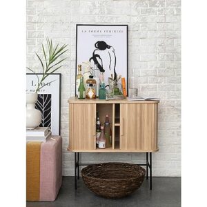 Bloomingville, Natural Wood and Metal Cabinet with Sliding Doors and 3 Storage Compartments, Black