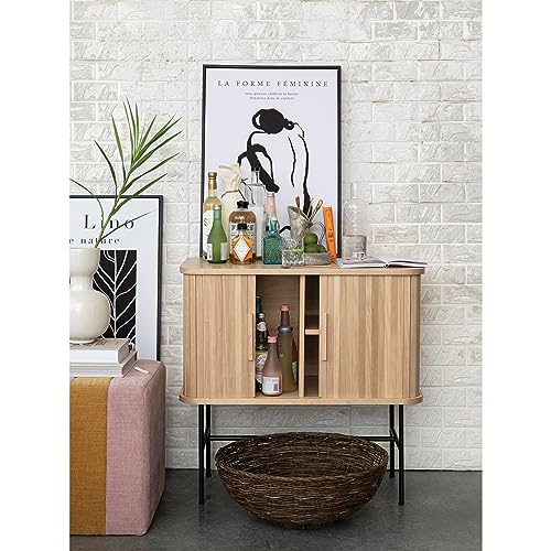 Bloomingville, Natural Wood and Metal Cabinet with Sliding Doors and 3 Storage Compartments, Black