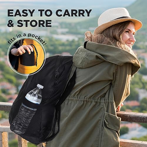 HAUTEROW Hiking Backpack for Women & Men - 16L Waterproof Nylon Packable Daypack for Travel - 2 Compartments, 2 Pockets for Water Bottle, Storage Pouch - Padded Back & Straps - 16.1x9.4x6.3, Black