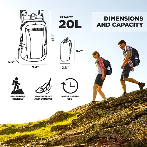 HAUTEROW Hiking Backpack for Women & Men - 16L Waterproof Nylon Packable Daypack for Travel - 2 Compartments, 2 Pockets for Water Bottle, Storage Pouch - Padded Back & Straps - 16.1x9.4x6.3, Black