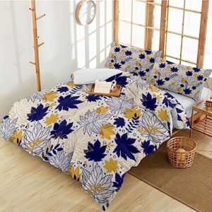 aesthetic maple leaf twin duvet covers dark blue yellow lines fall leaves 3-piece bedding sets luxury soft microfiber bed comforter protector with pillow cases for women men girl boy wave points