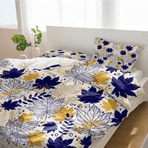 Aesthetic Maple Leaf Twin Duvet Covers Dark Blue Yellow Lines Fall Leaves 3-Piece Bedding Sets Luxury Soft Microfiber Bed Comforter Protector with Pillow Cases for Women Men Girl Boy Wave Points