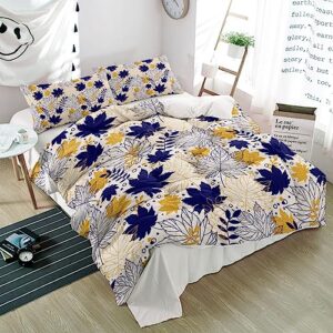 Aesthetic Maple Leaf Twin Duvet Covers Dark Blue Yellow Lines Fall Leaves 3-Piece Bedding Sets Luxury Soft Microfiber Bed Comforter Protector with Pillow Cases for Women Men Girl Boy Wave Points