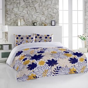 Aesthetic Maple Leaf Twin Duvet Covers Dark Blue Yellow Lines Fall Leaves 3-Piece Bedding Sets Luxury Soft Microfiber Bed Comforter Protector with Pillow Cases for Women Men Girl Boy Wave Points