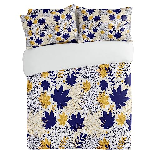 Aesthetic Maple Leaf Twin Duvet Covers Dark Blue Yellow Lines Fall Leaves 3-Piece Bedding Sets Luxury Soft Microfiber Bed Comforter Protector with Pillow Cases for Women Men Girl Boy Wave Points