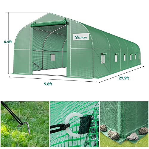 YITAHOME 30x10x6.5ft Greenhouse Large Heavy Duty Greenhouses Outdoor Tunnel Walk in Green House Gardening Upgraded Galvanized Steel Frame Ropes Zipper Doors 7 Crossbars Garden, Green