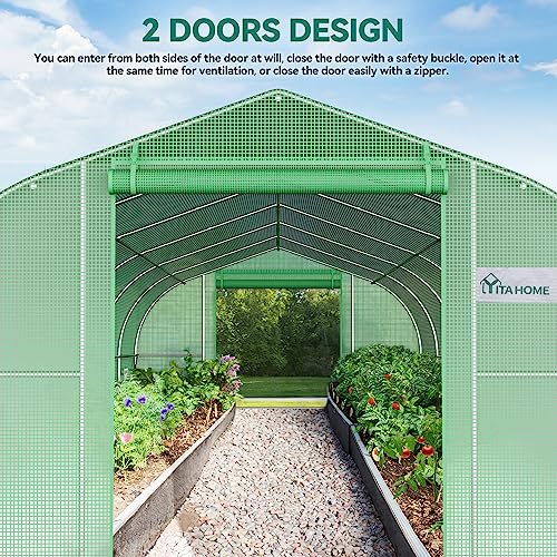 YITAHOME 30x10x6.5ft Greenhouse Large Heavy Duty Greenhouses Outdoor Tunnel Walk in Green House Gardening Upgraded Galvanized Steel Frame Ropes Zipper Doors 7 Crossbars Garden, Green